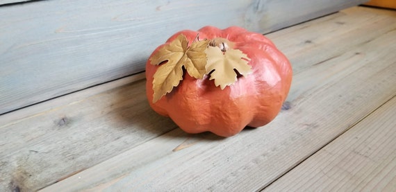 Paper Mache Pumpkin Painted Orange Red Ombre With Metal Leaves | Etsy