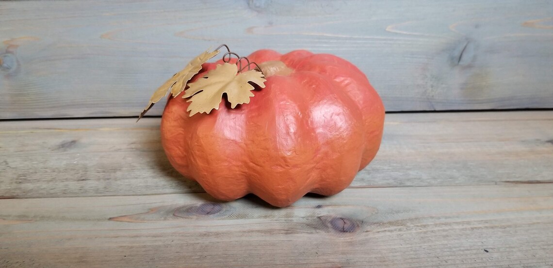 Paper Mache Pumpkin Painted Orange Red Ombre With Metal Leaves - Etsy