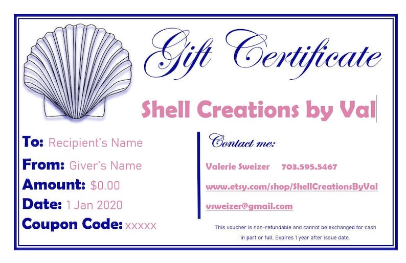 Gift Certificate Shell Creations by Val - Etsy