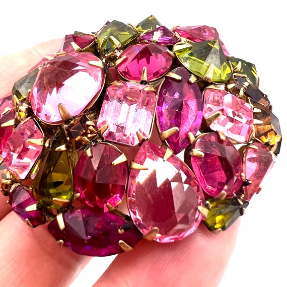 SCHREINER Pink and Green Inverted Crystal Brooch and … - Gem
