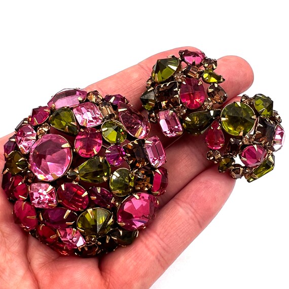 SCHREINER Pink and Green Inverted Crystal Brooch and … - Gem