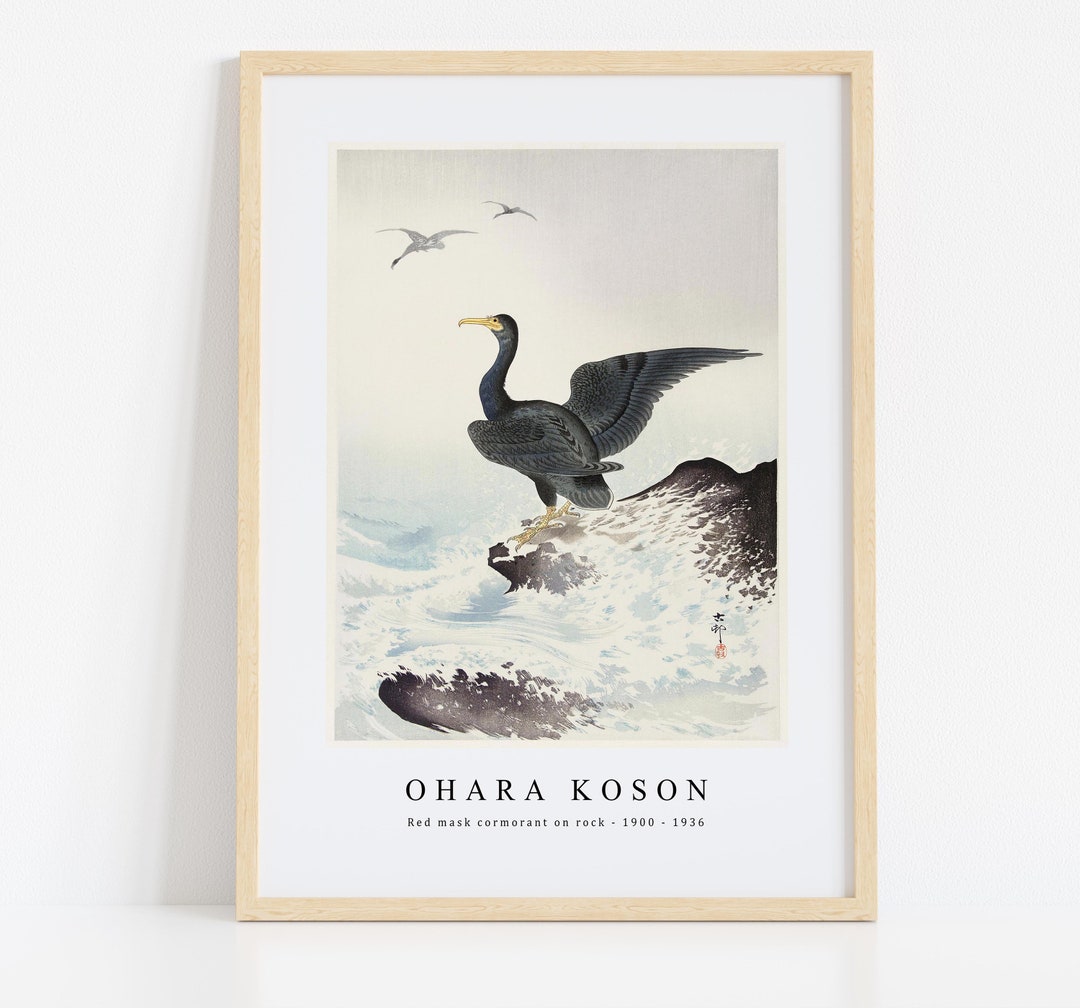 Ohara Koson Print Download Digital File - Red Mask Cormorant on Rock ...