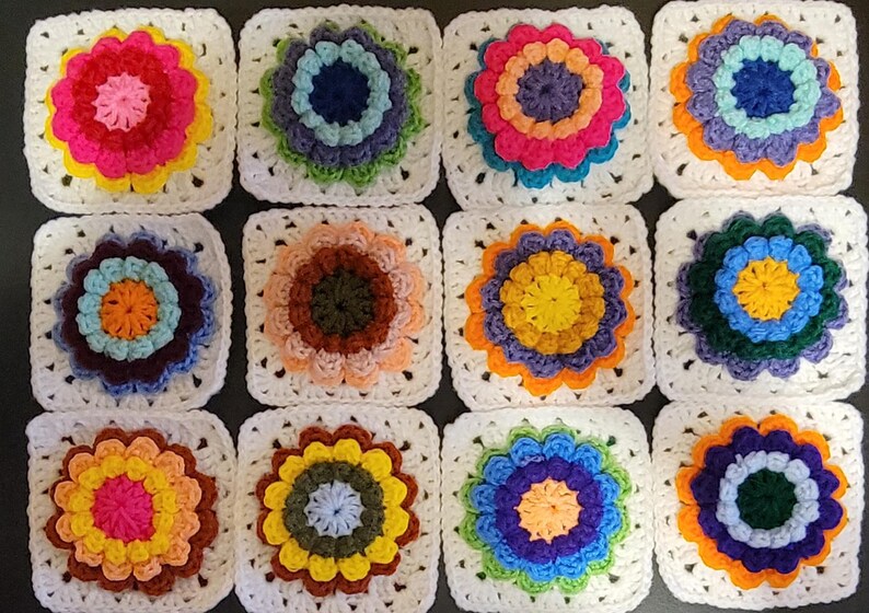 13 Raised Flowers Granny Squares, 5 X 5 Inches, Acrylic Yarn, Crocheted ...