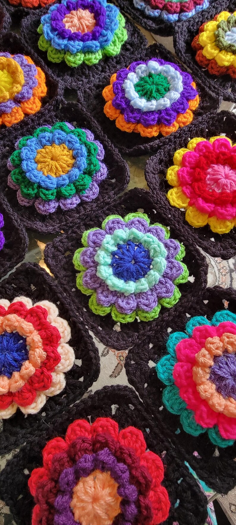 20 Raised Flowers Granny Squares, 5 X 5 Inches, Acrylic Yarn, Crocheted ...