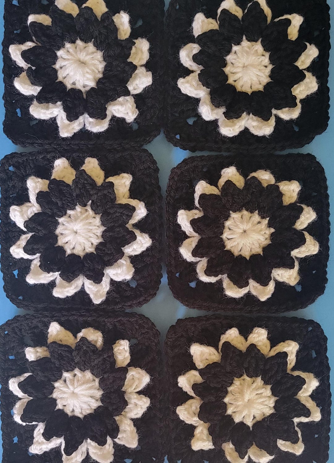 20 Flower Granny Squares, Handmade, Black and White Yarn, Patches ...