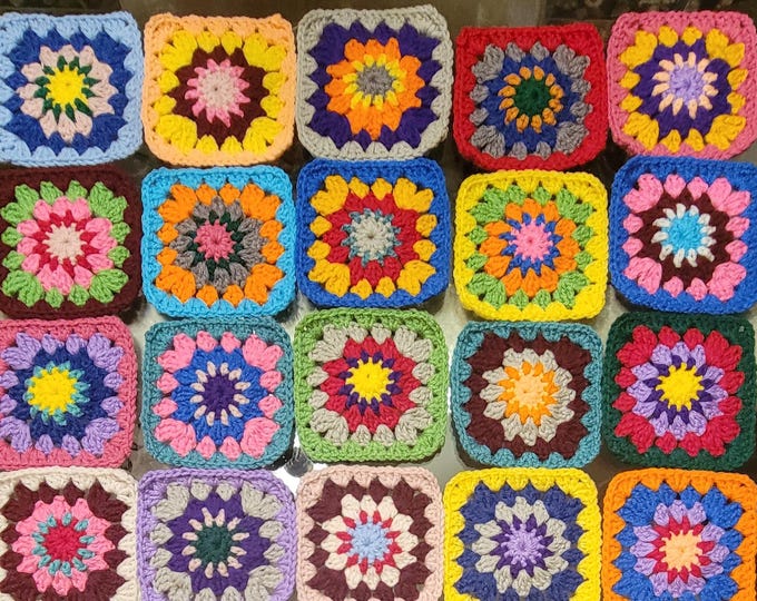 20 Handmade Star Center Crochet Granny Squares: 5x5 Inch Acrylic Yarn ...