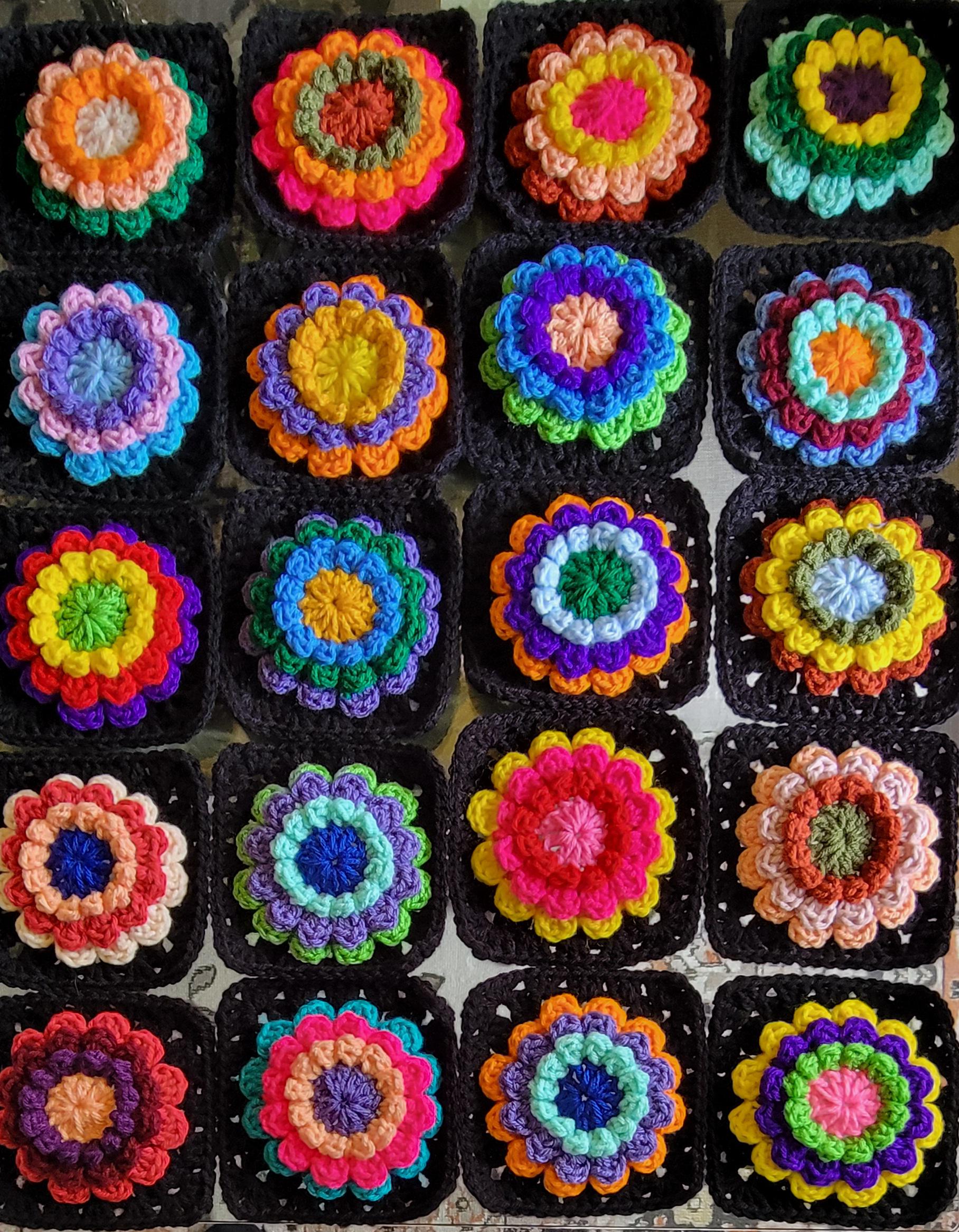 20 Raised Flowers Granny Squares, 5 X 5 Inches, Acrylic Yarn, Crocheted ...
