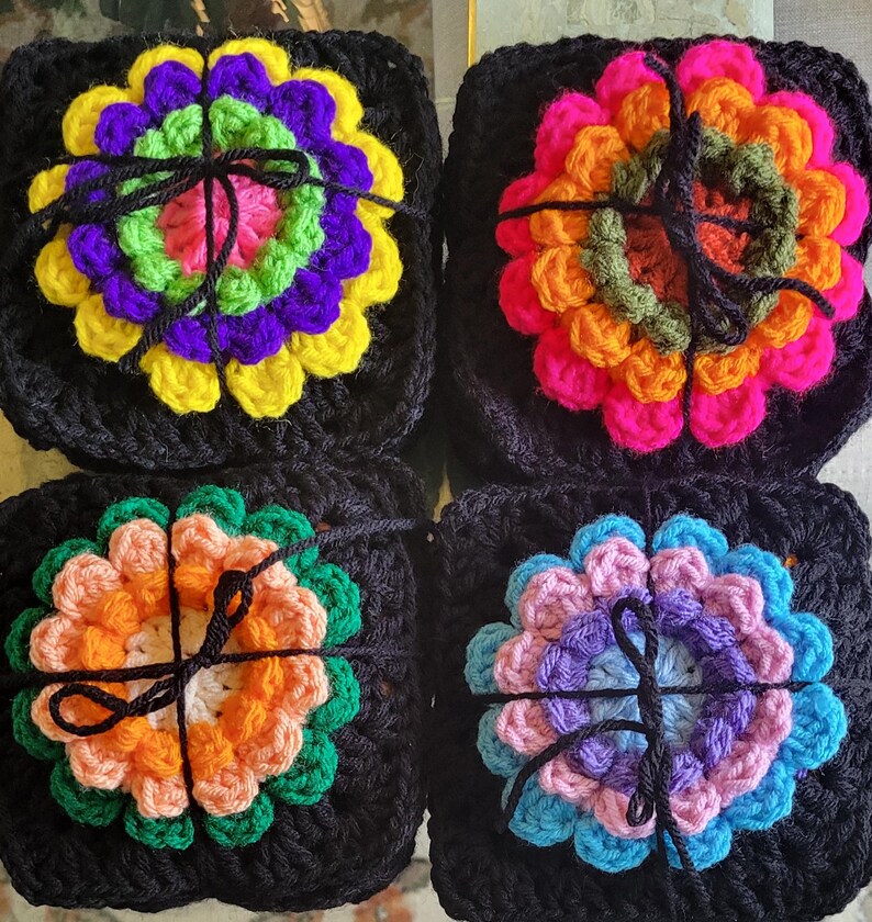 20 Raised Flowers Granny Squares, 5 X 5 Inches, Acrylic Yarn, Crocheted ...