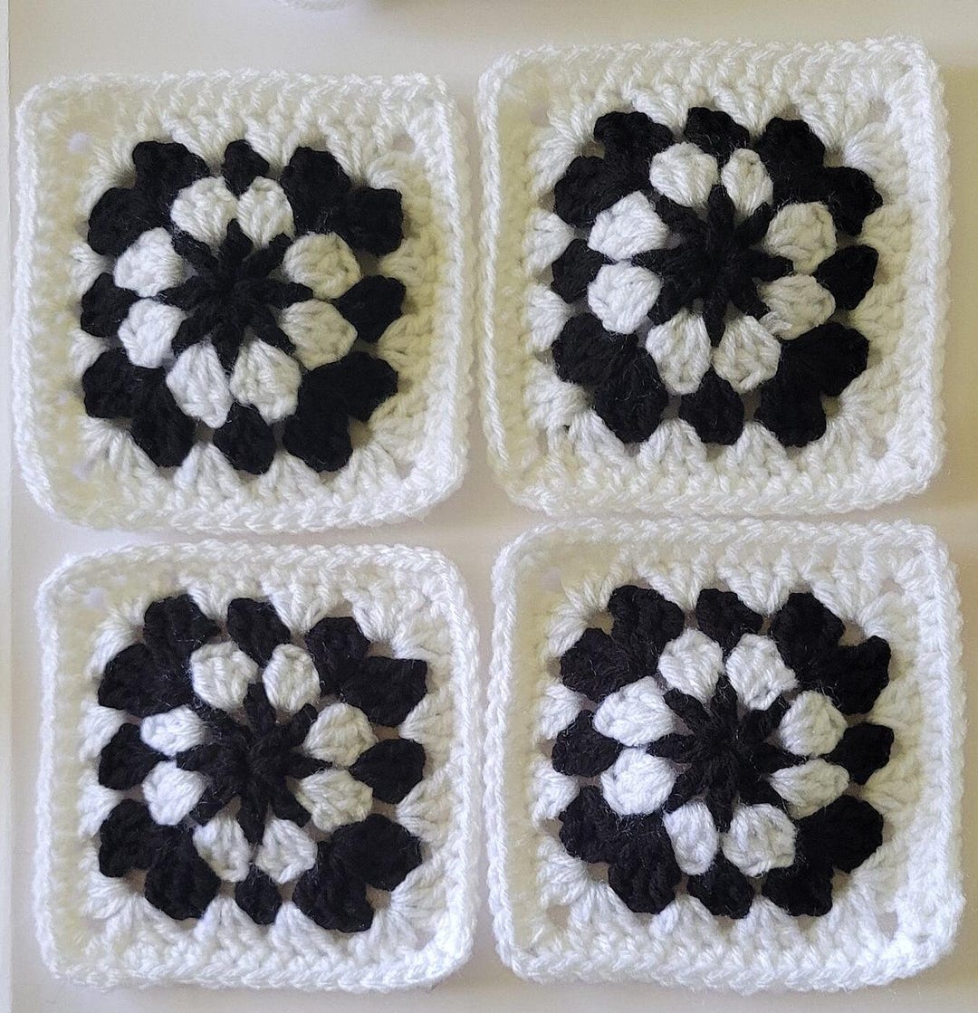 20 Individual Granny Squares, Handmade, Black and White Yarn, Patches ...