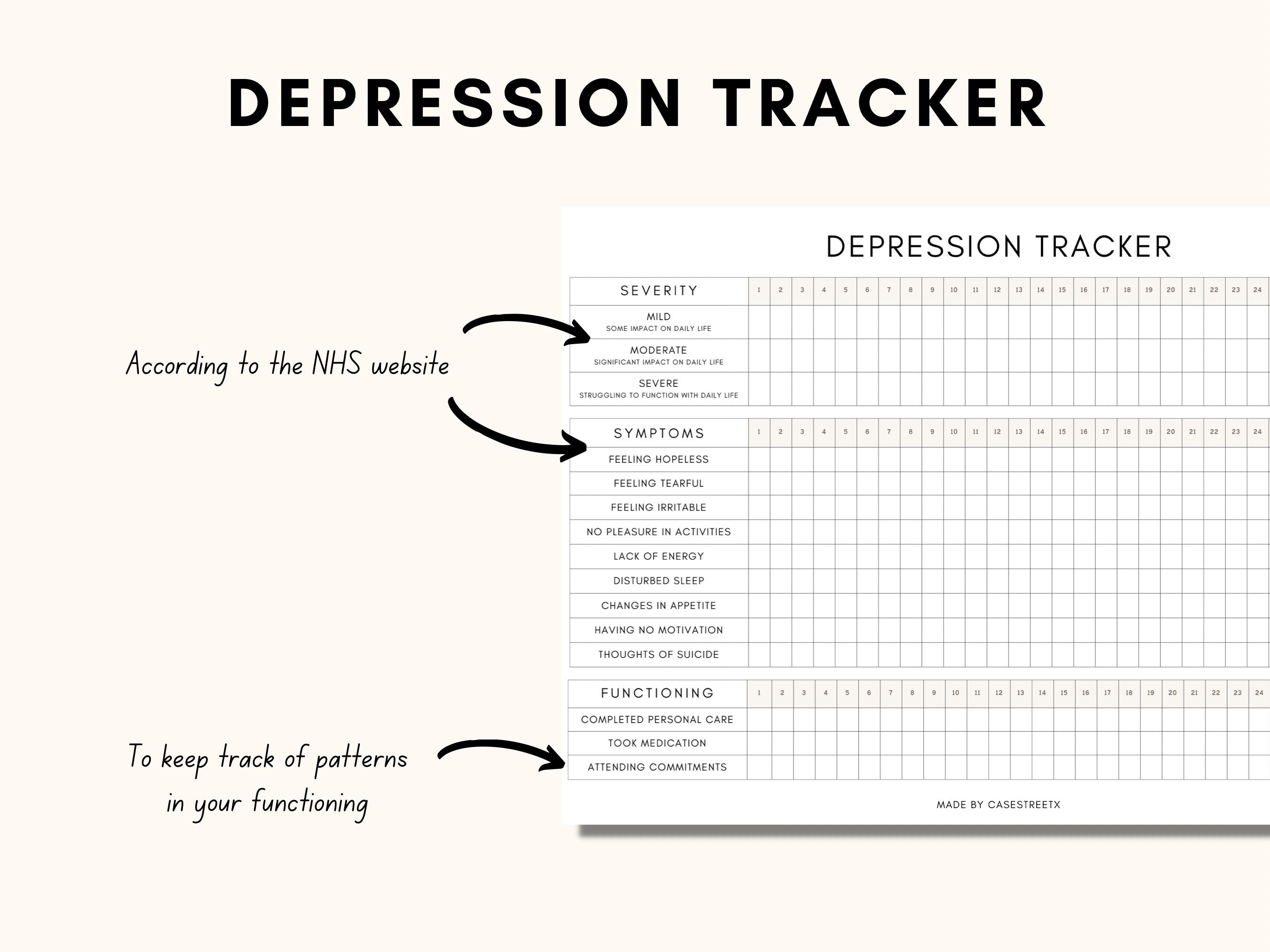 Depression Tracker Printable Worksheet, Mental Health Journal, Monthly ...