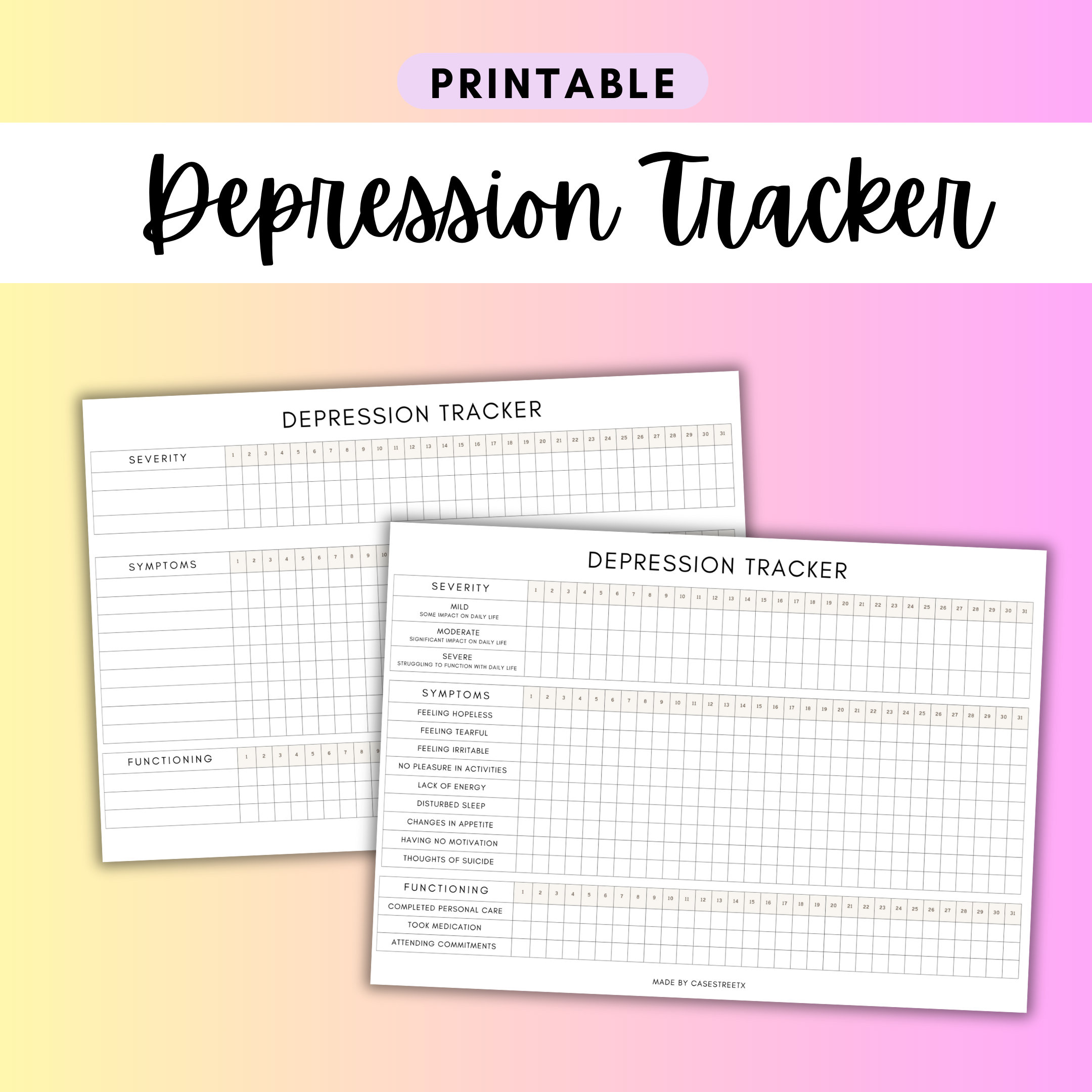 Depression Tracker Printable Worksheet, Mental Health Journal, Monthly ...