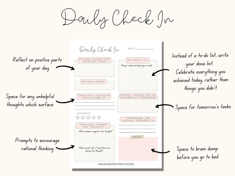 Daily Check in Printable, Wellness Planner, Therapy Journal, Wellness ...