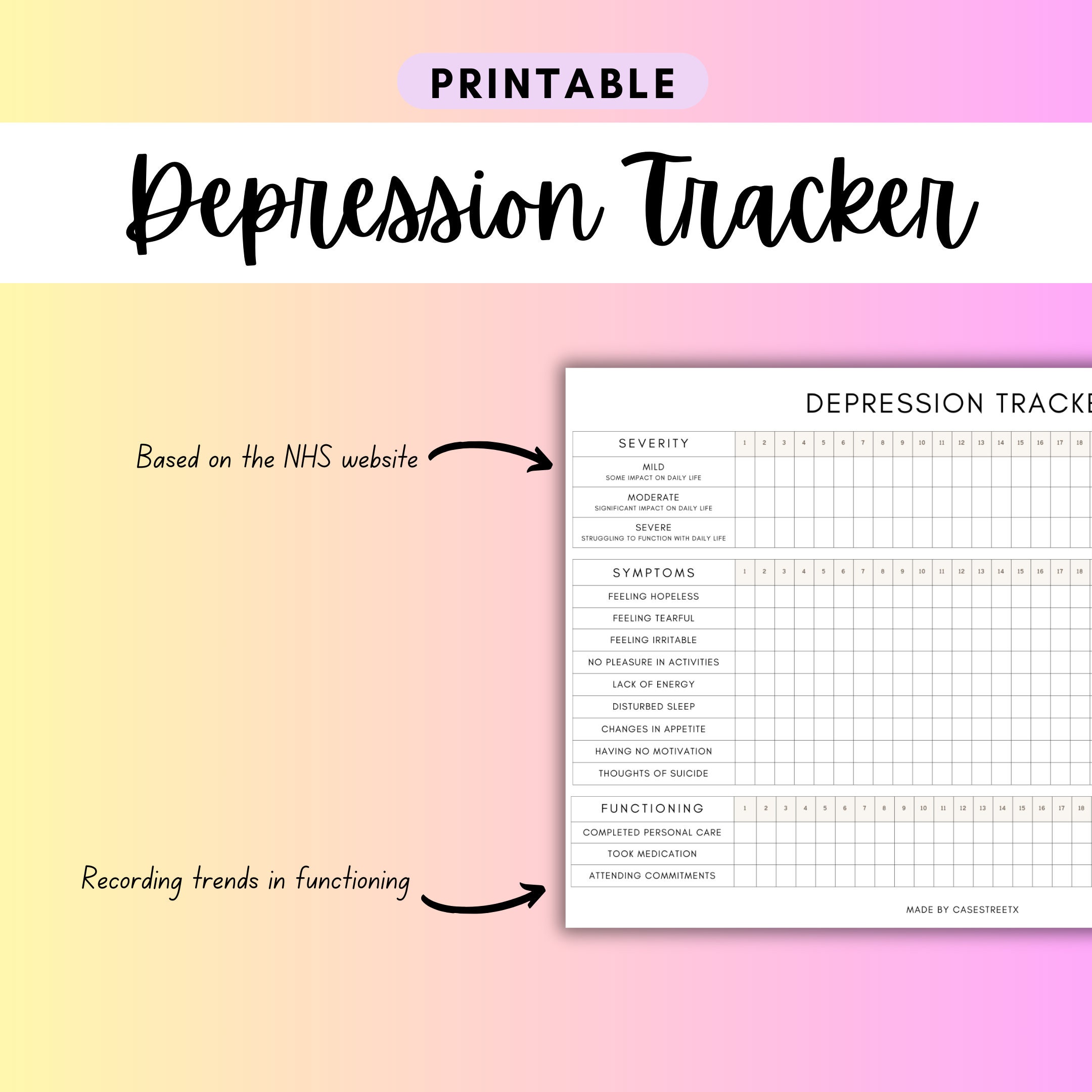 Depression Tracker Printable Worksheet, Mental Health Journal, Monthly ...