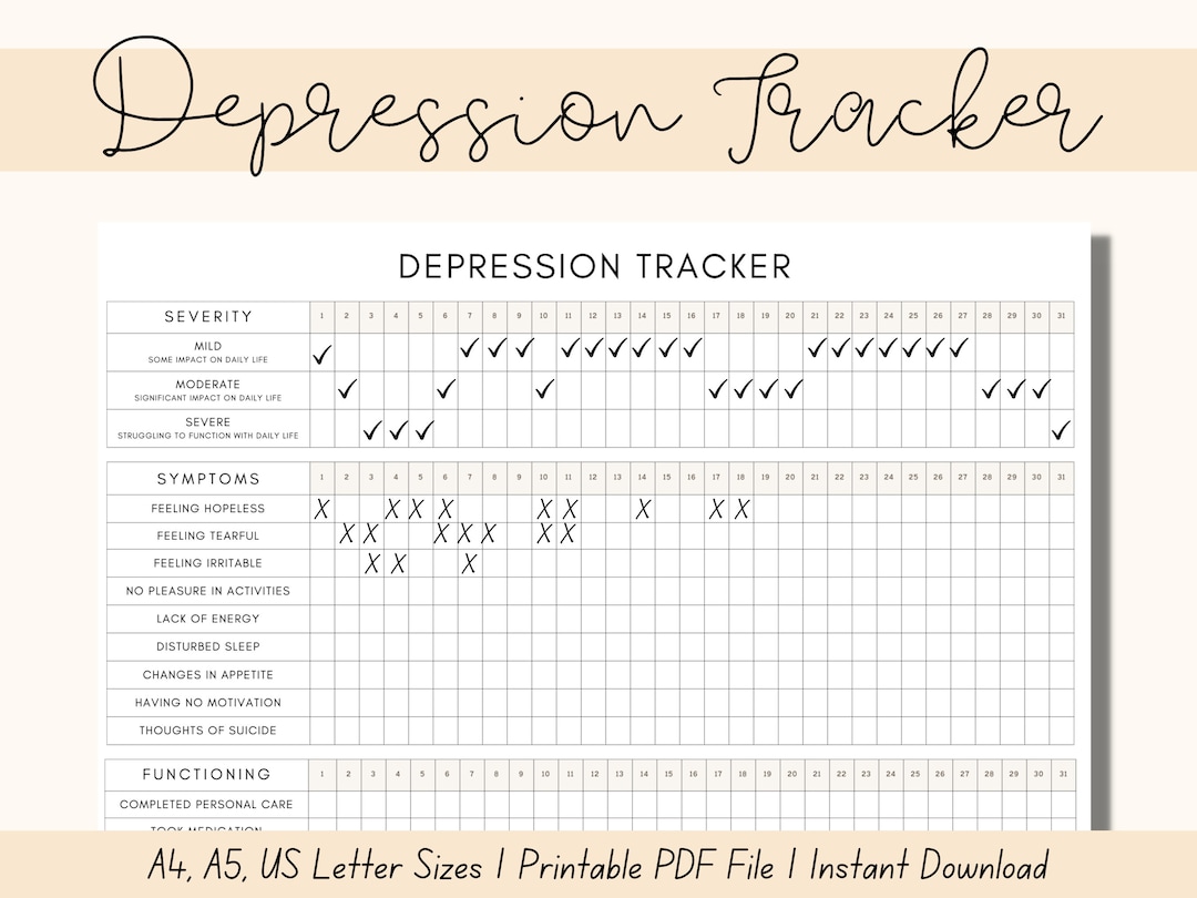 Depression Tracker Printable Worksheet, Mental Health Journal, Monthly ...