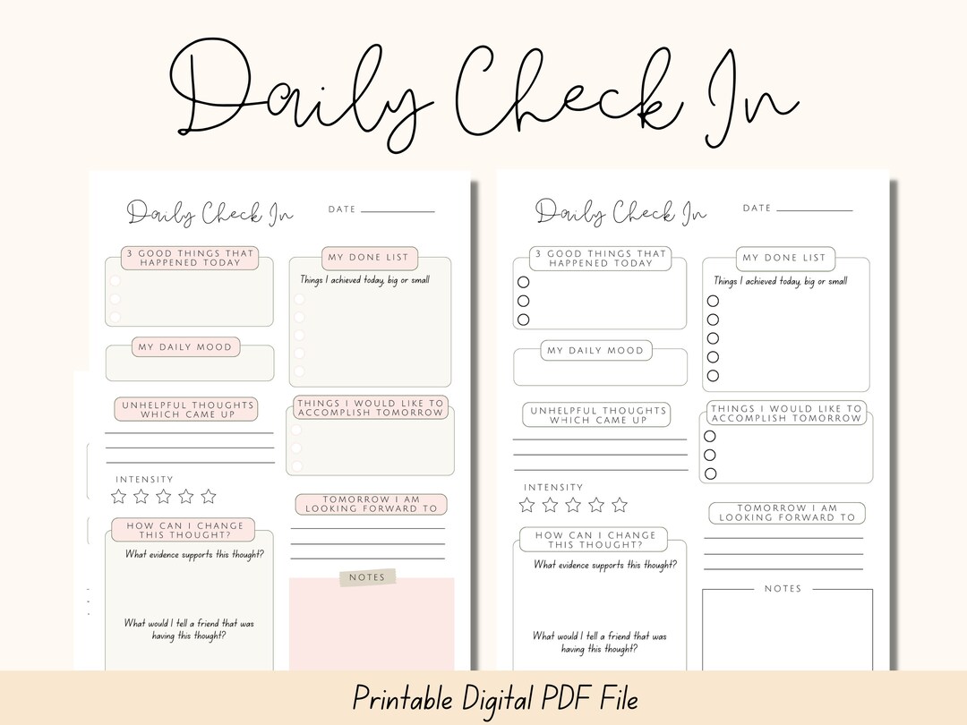 Daily Check in Printable, Wellness Planner, Therapy Journal, Wellness ...