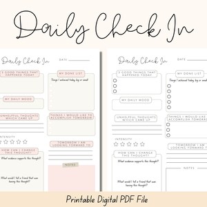 Daily Check in Printable, Wellness Planner, Therapy Journal, Wellness ...