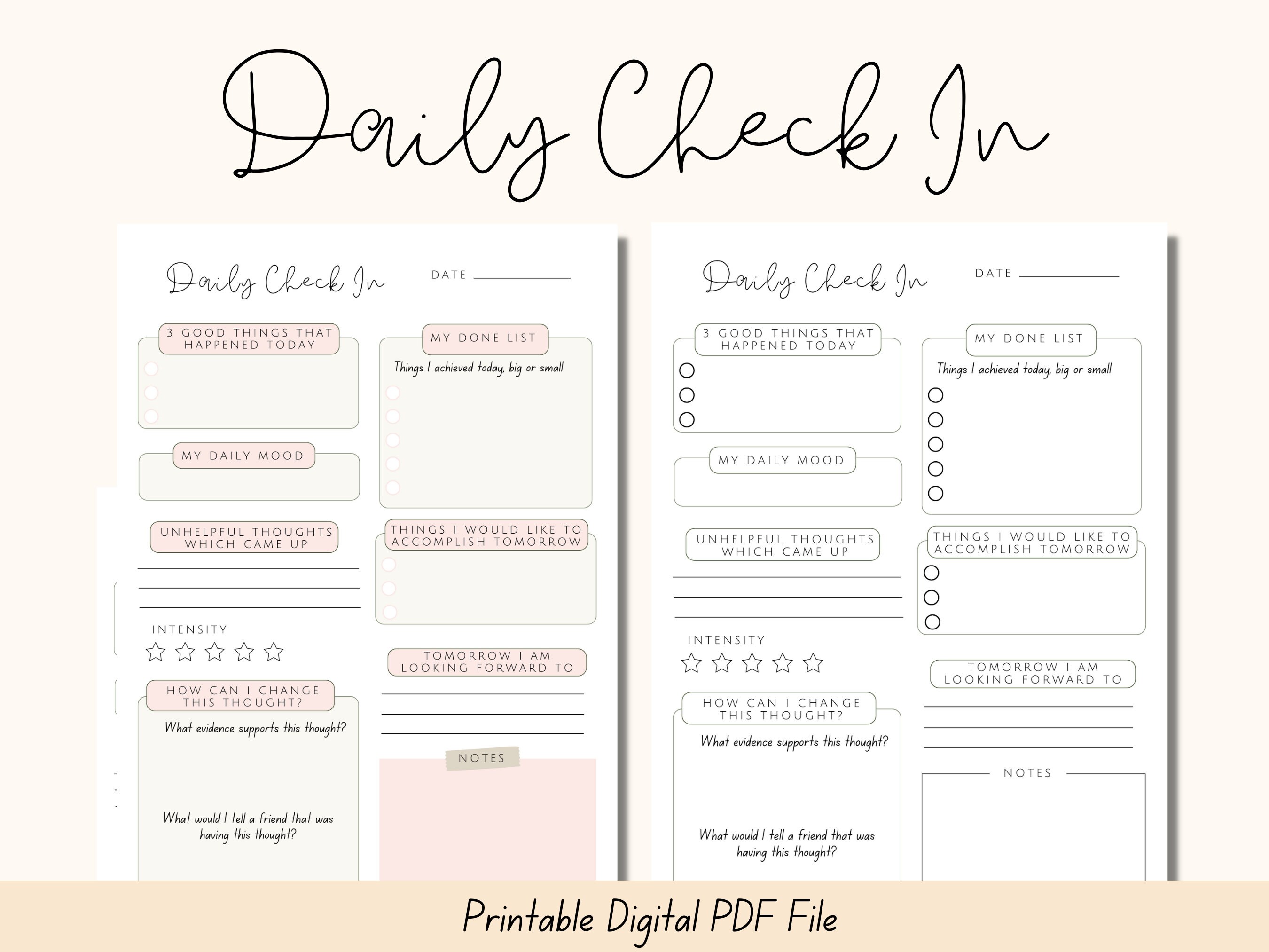 Daily Check in Printable, Wellness Planner, Therapy Journal, Wellness ...