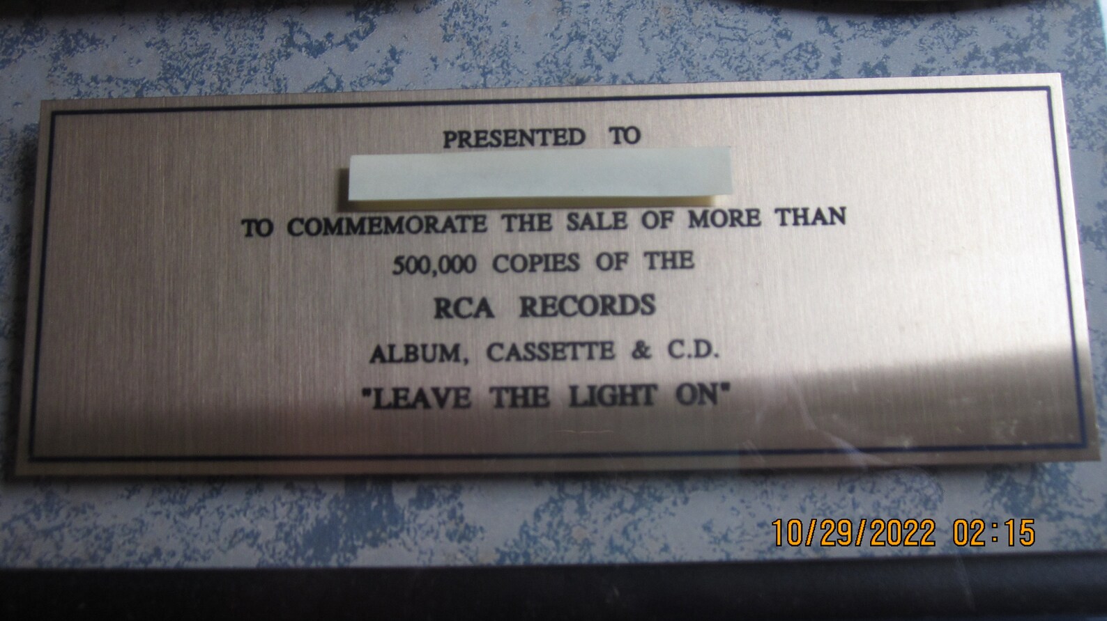 Lorrie Morgan leave the Light On Authentic Gold Record Award Plaque RCA ...