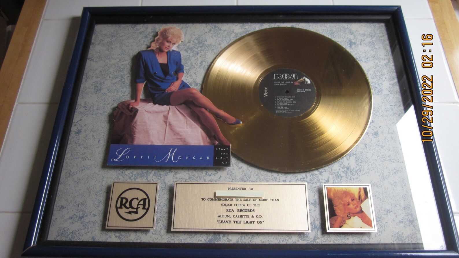 Lorrie Morgan leave the Light On Authentic Gold Record Award Plaque RCA ...