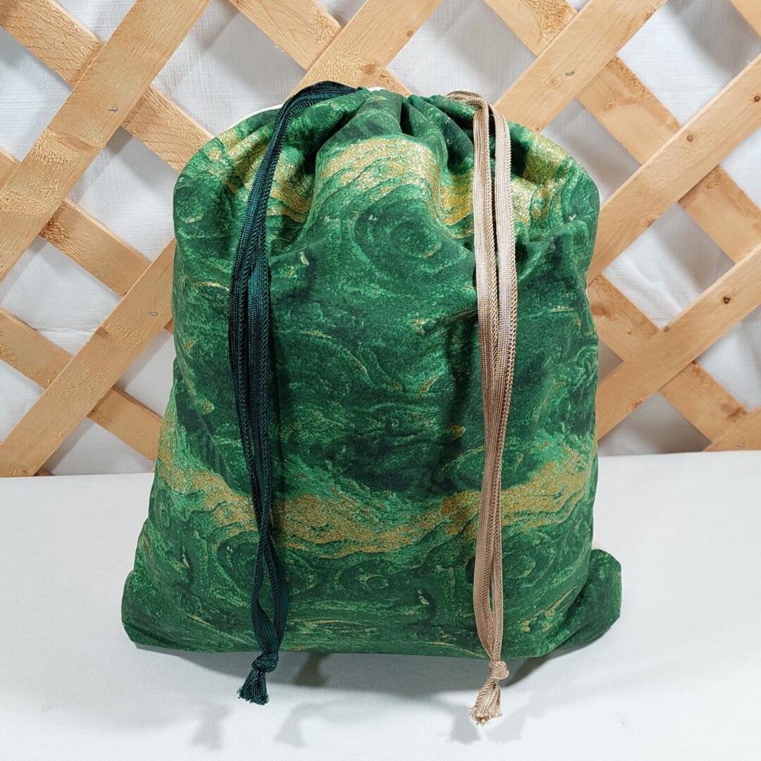 Handmade Reversible Drawstring Bag Fancy Green & Goldtone Swirl Print ...