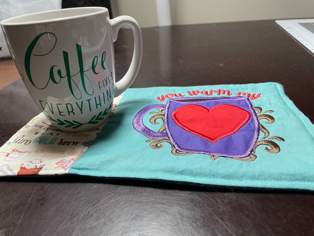 Embroidered Mug Rug With Appliqué - Etsy