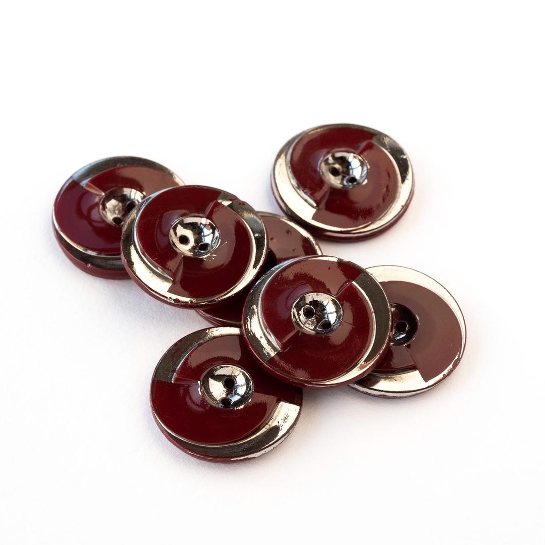 Set of 6 Art Deco Maroon Glass Sew Through Buttons With Silver Lustre ...