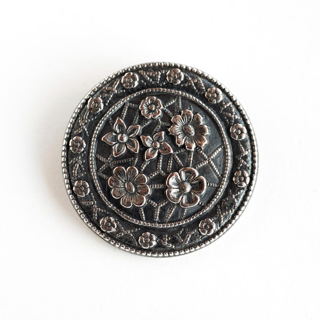 Vintage Large Silvered Metal Button With Floral Design - 2 Available - Etsy