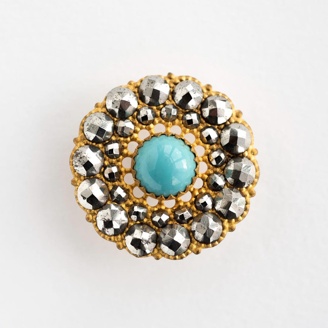 Antique Cut Steel & Gilt Button With Turquoise Glass Cabochon - 2 ...