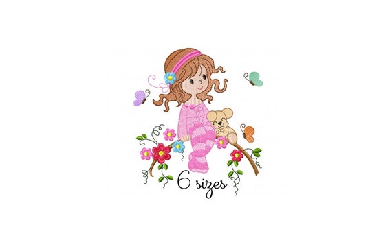Cute Girl Flowers Embroidery Design Girly Embroidery Design | Etsy