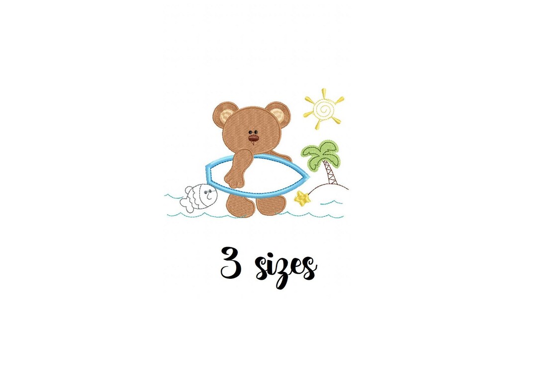 Surf Teddy Bear Embroidery Design - Baby Machine Embroidery File - PES ...