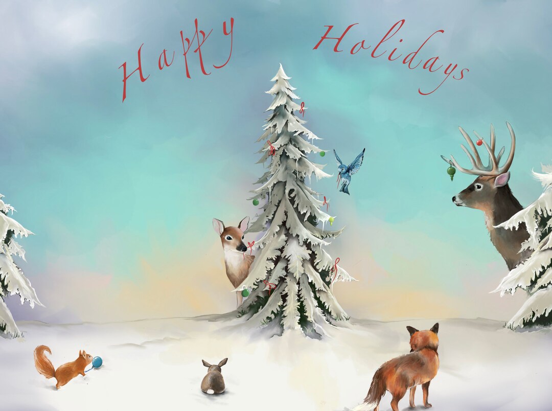 Animal Christmas Card - Animals Around a Christmas Tree - Etsy