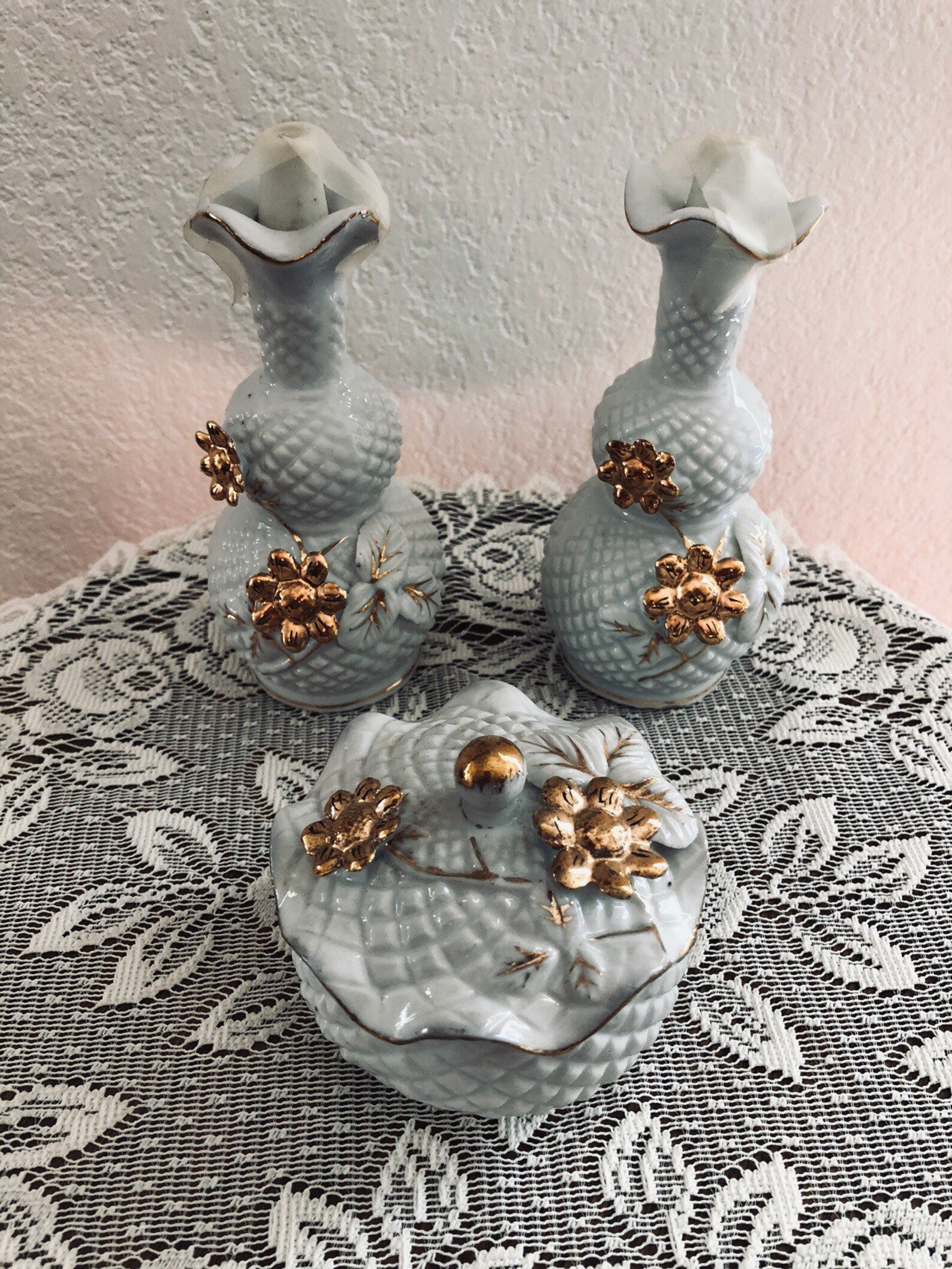 White Milk Glass Dresser Set Perfume Bottles Trinket Box With | Etsy