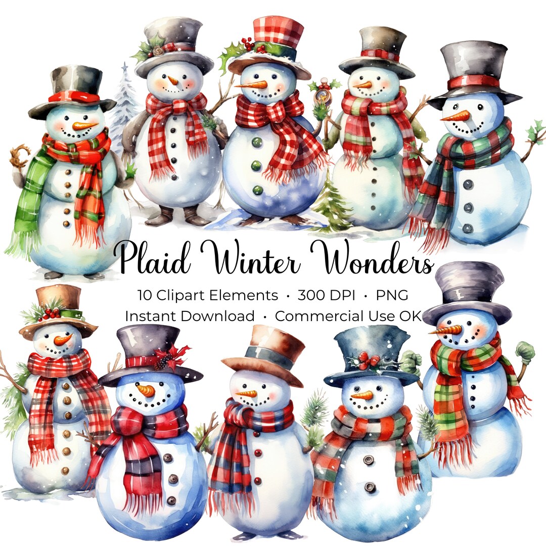 Watercolor Snowman Clipart: Winter Holiday Plaid Scarves (PNG ...