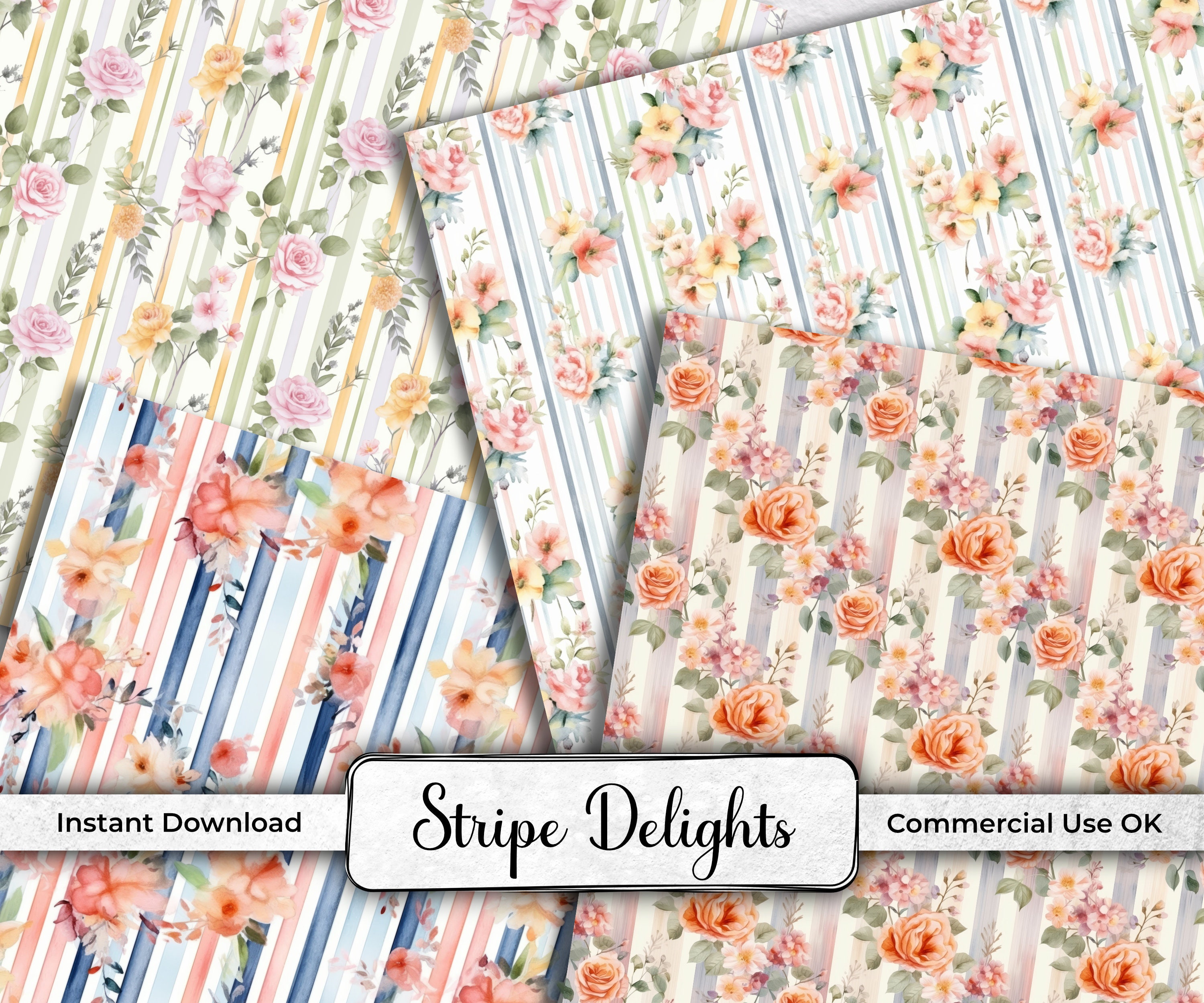 Vintage Floral Wallpaper Stripe Digital Paper, Blue and Pink Stripes ...