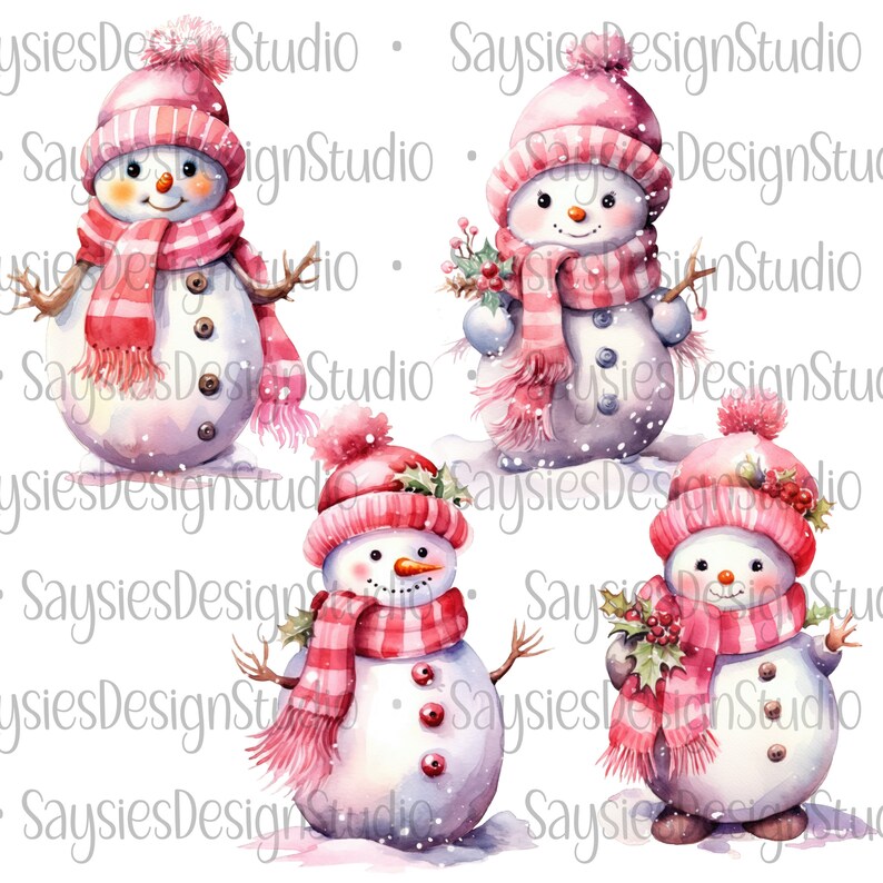 Watercolor Pink Snowman Clipart: Winter Holiday PNG (commercial Use ...