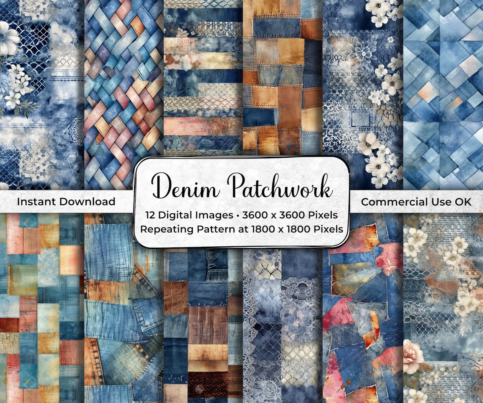 Denim Patchwork Digital Paper Pack, Collage Paper, Commercial Use, Seamless Pattern, Junk ...