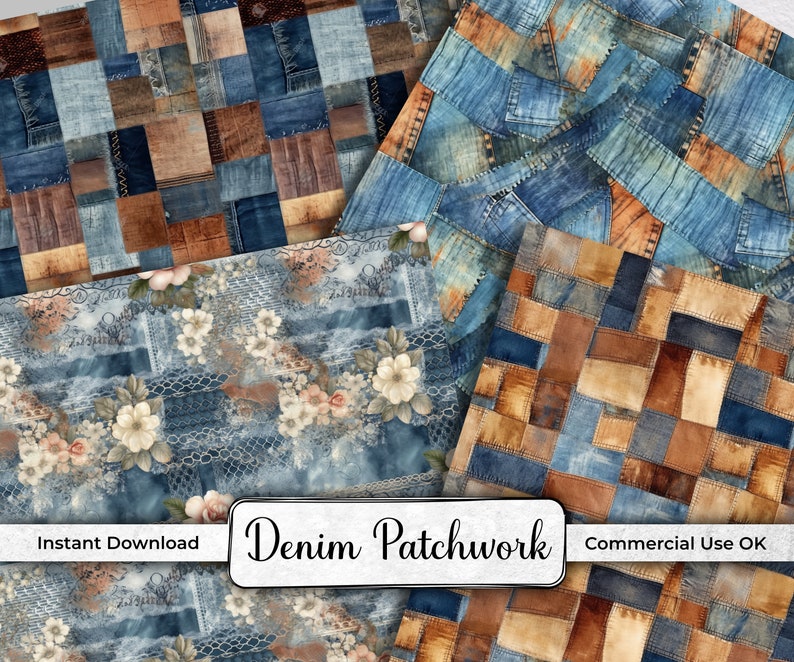 Denim Patchwork Digital Paper Pack, Collage Paper, Commercial Use, Seamless Pattern, Junk ...