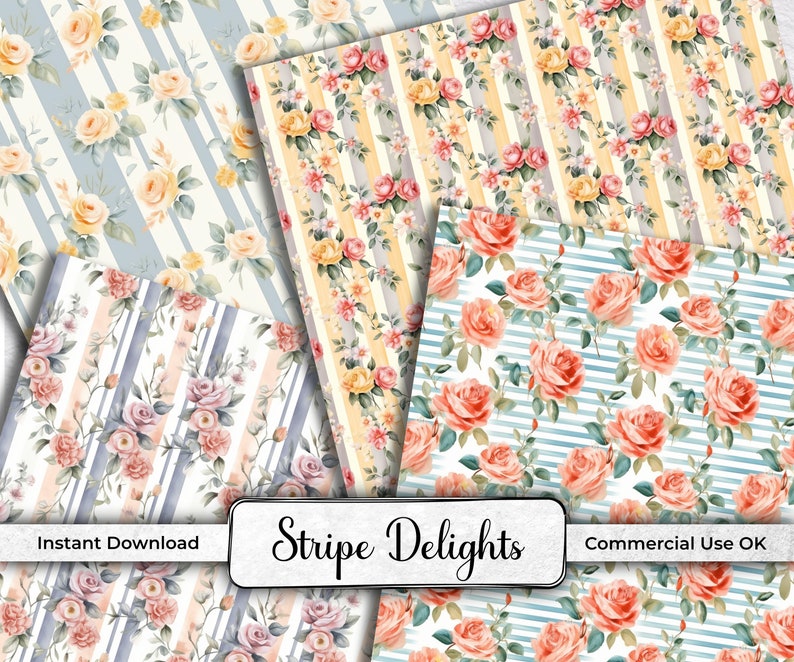 Vintage Floral Wallpaper Stripe Digital Paper, Blue and Pink Stripes ...