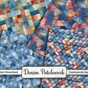 Denim Patchwork Digital Paper Pack, Collage Paper, Commercial Use ...