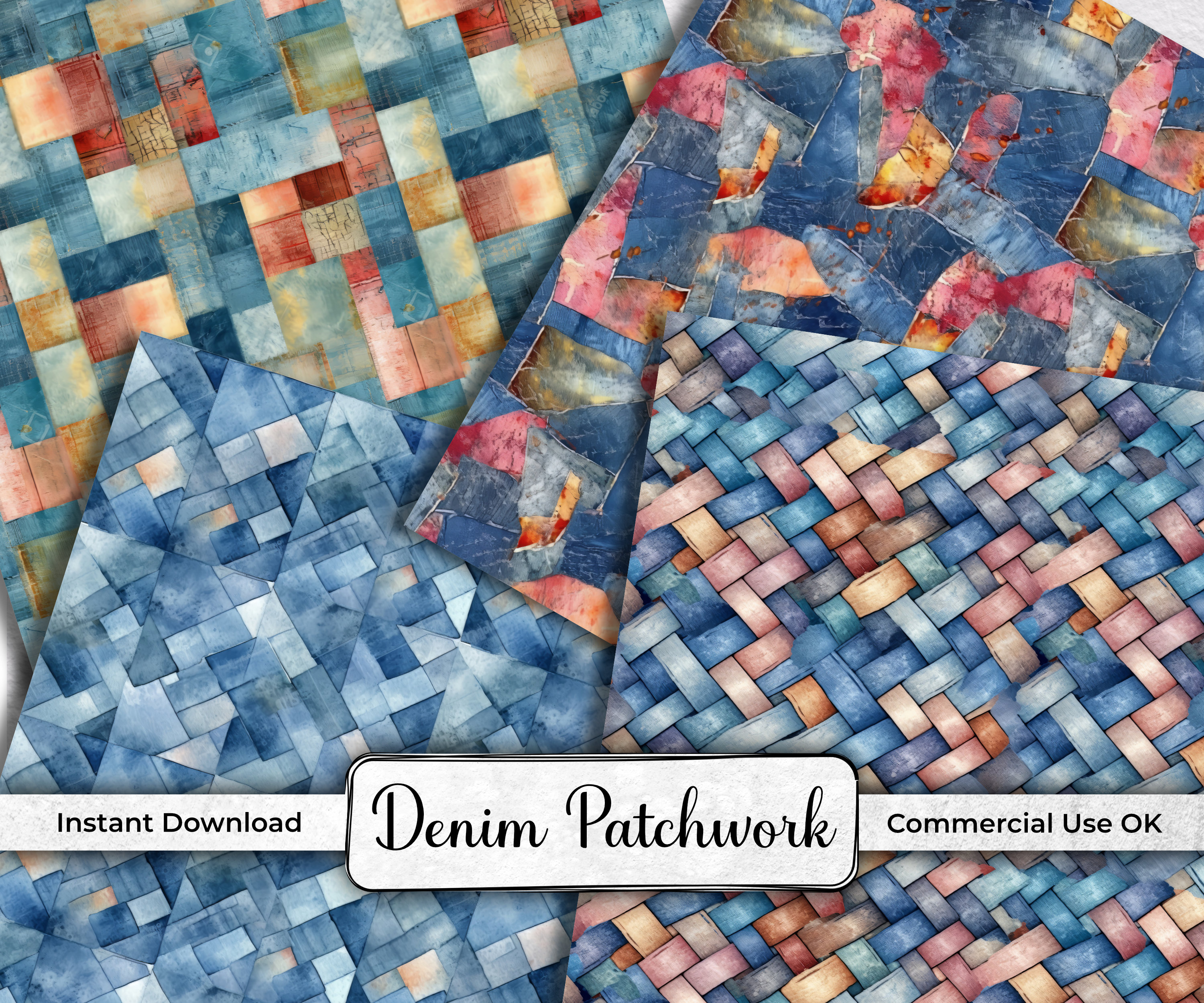 Denim Patchwork Digital Paper Pack: Seamless Collage Patterns (12x12 ...