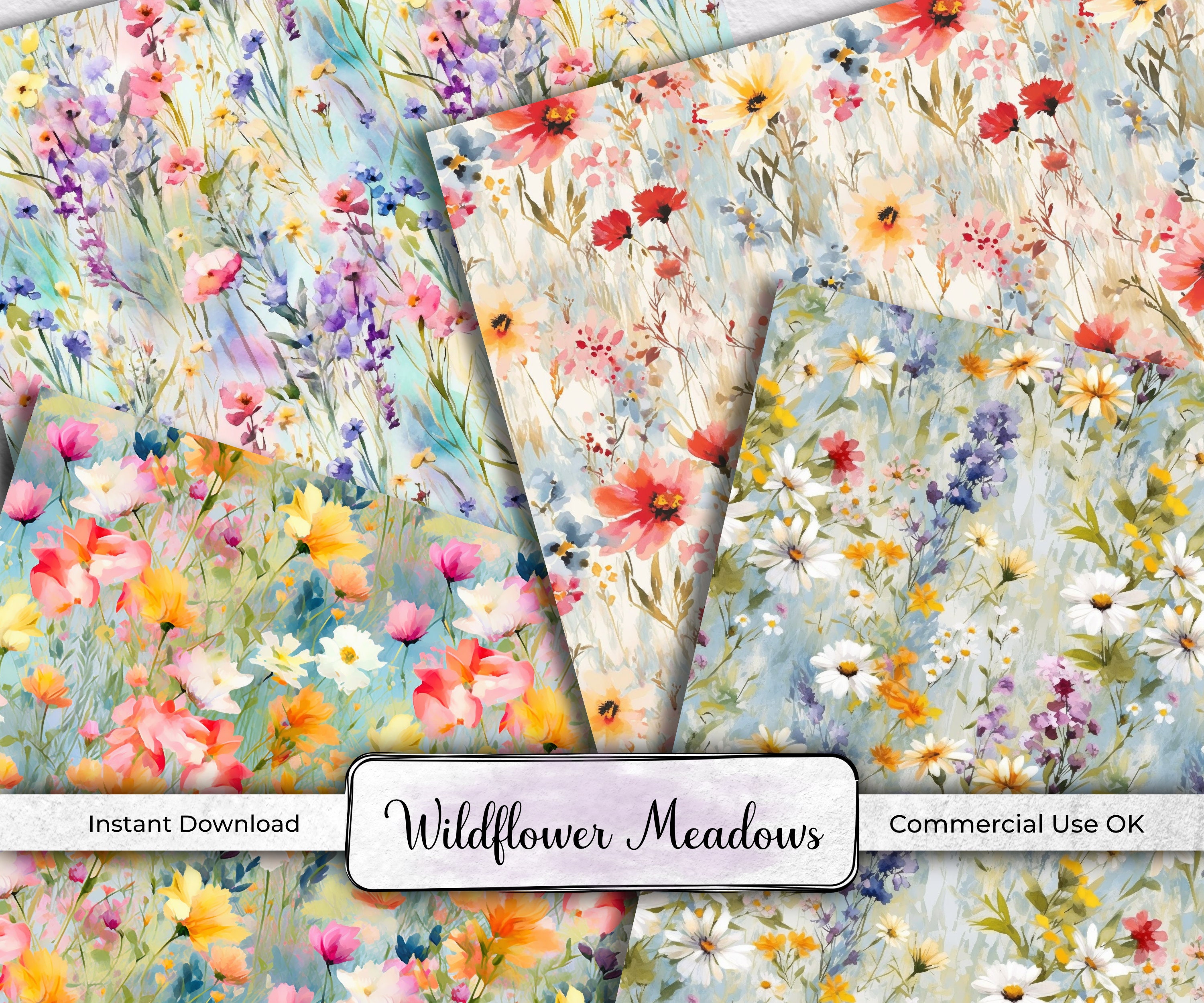 Wildflower Meadows Digital Paper Set, Floral Seamless, Watercolor ...