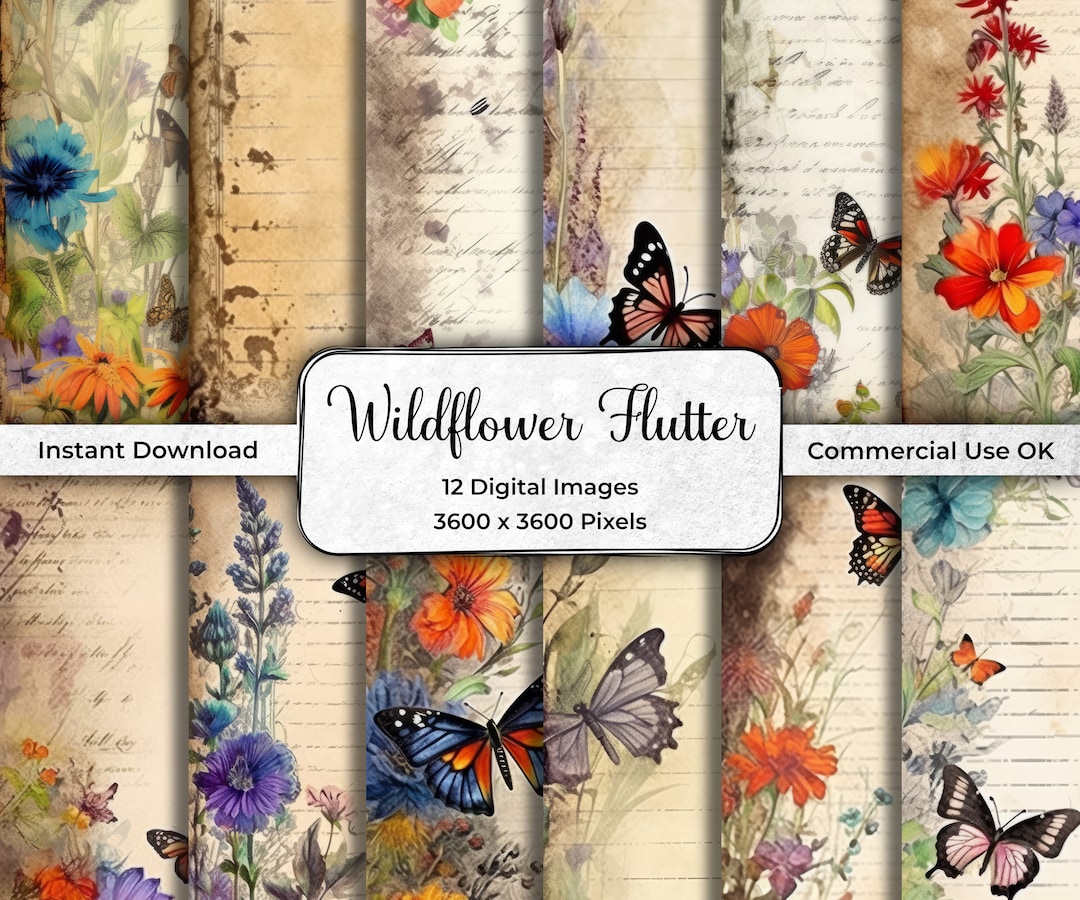 Watercolor Butterfly Vintage Digital Papers, Wildflowers, Grunge ...