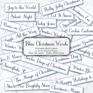 Christmas Words Junk Journal, Printable Ephemera, Blue Christmas Labels ...
