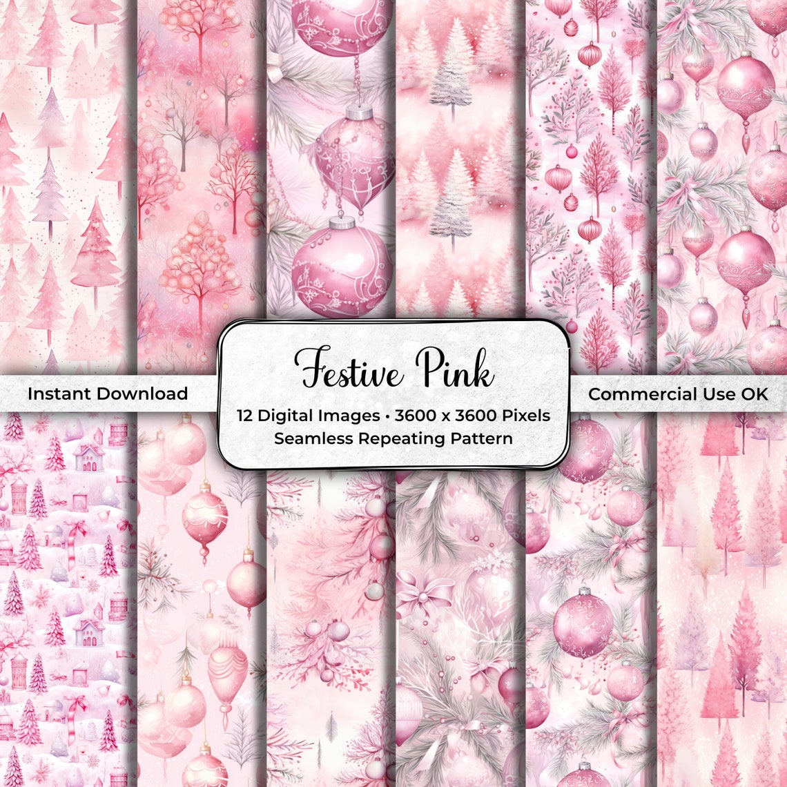 Pink Christmas Seamless Paper Pack, Printable Holiday Patterns, 12 X 12 ...