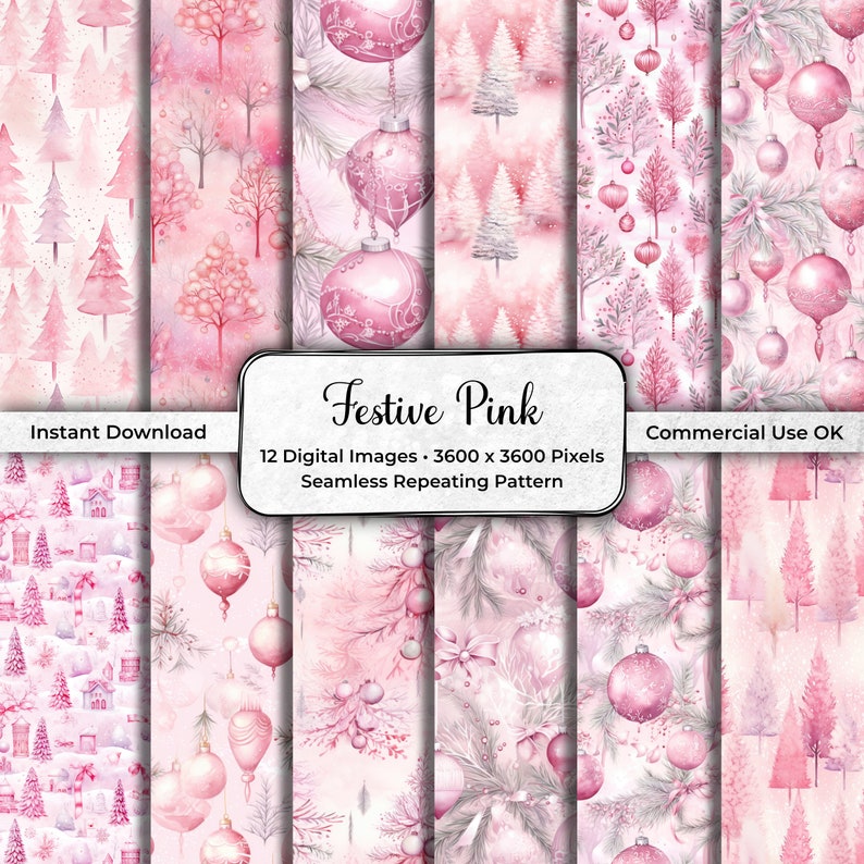 Pink Christmas Seamless Paper Pack, Printable Holiday Patterns, 12 X 12 ...