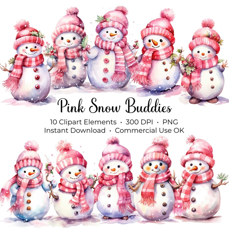 Watercolor Pink Snowman Clipart: Winter Holiday PNG (commercial Use ...
