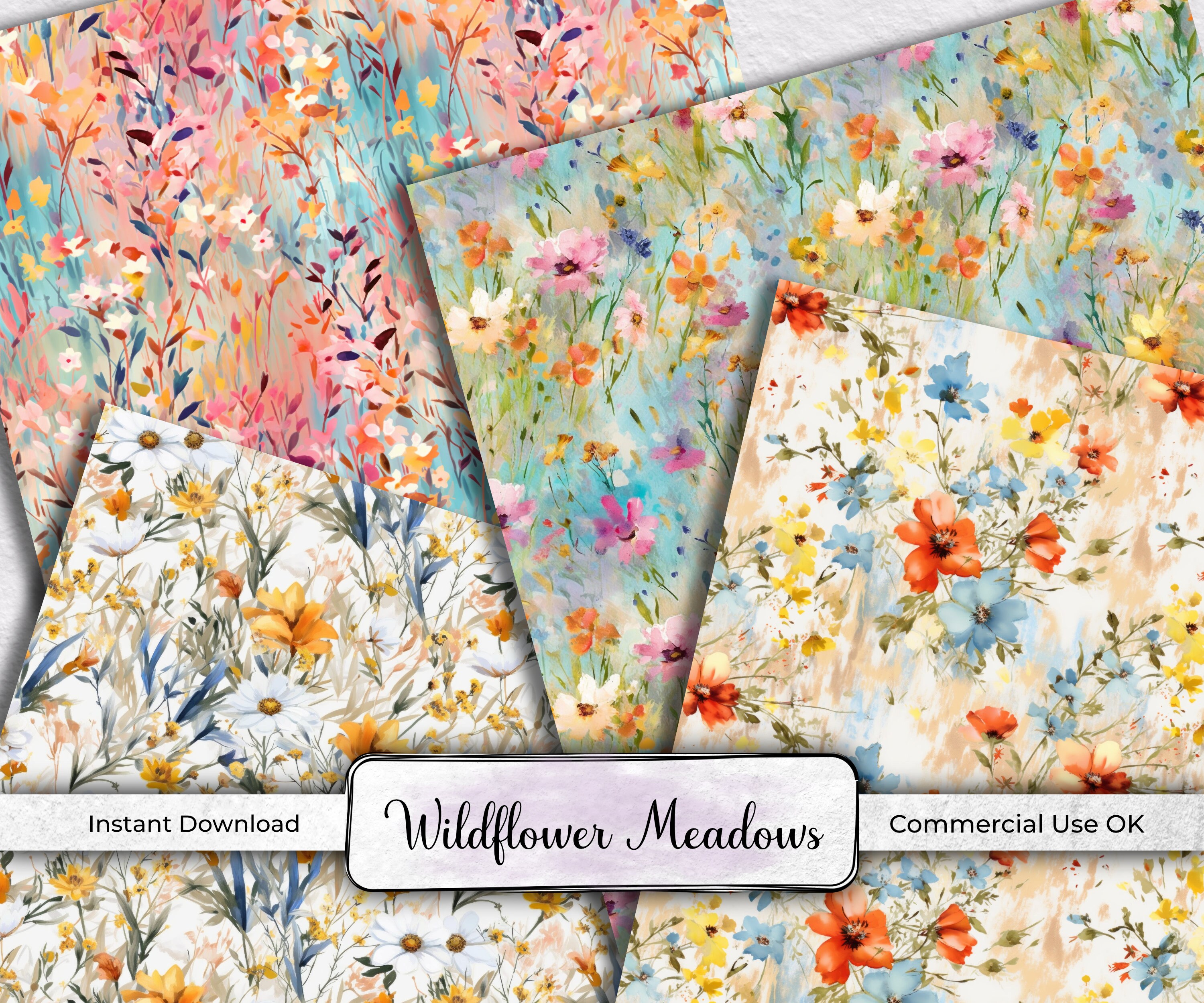 Wildflower Meadows Digital Paper Set, Floral Seamless, Watercolor ...