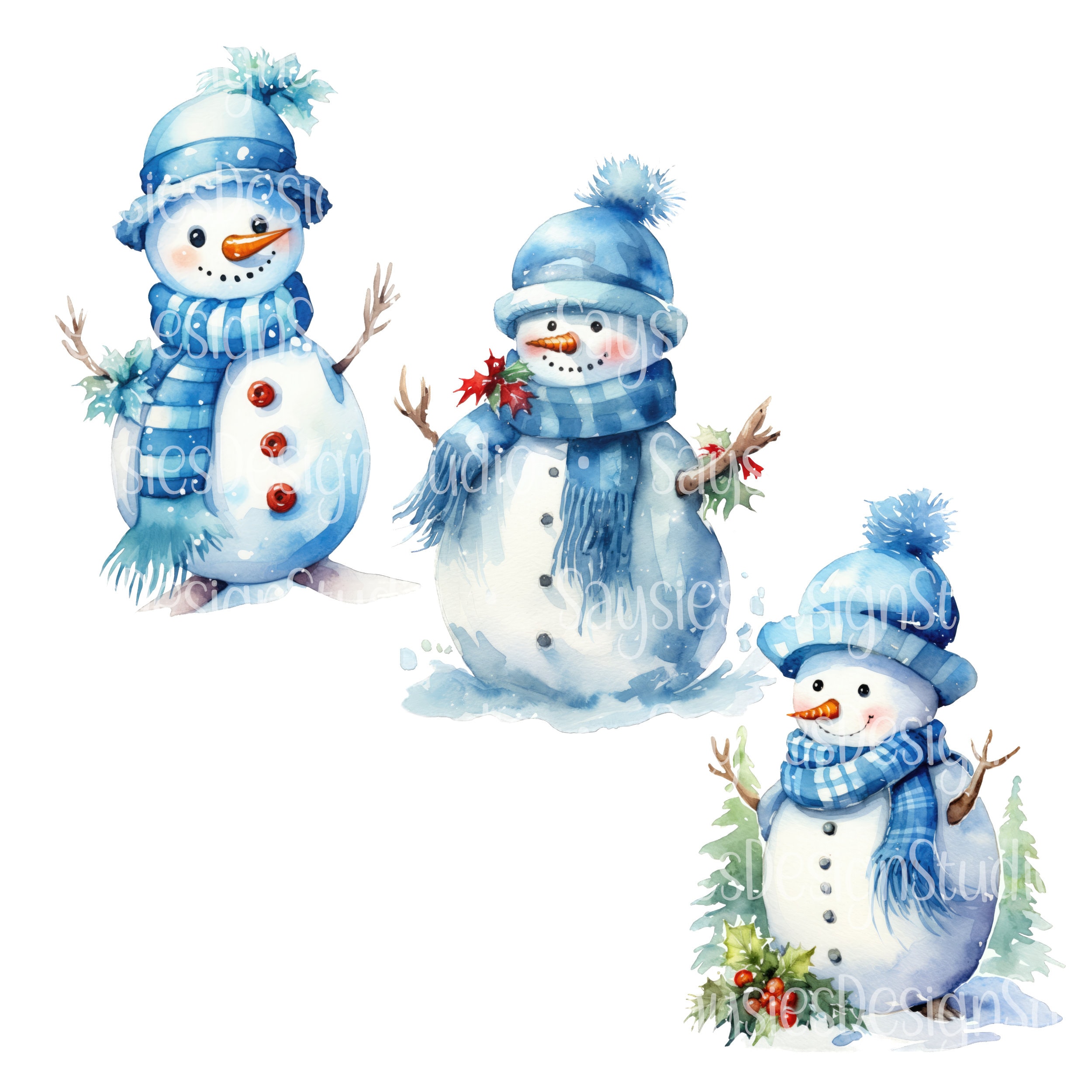 Watercolor Blue Snowman Clipart, Cute Watercolor Snowmen, Winter ...