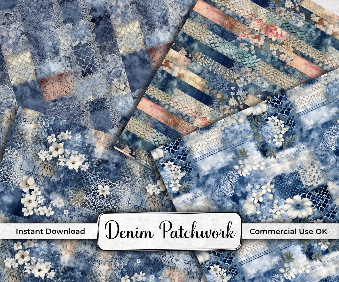 Denim Patchwork Digital Paper Pack: Seamless Collage Patterns (12x12 ...