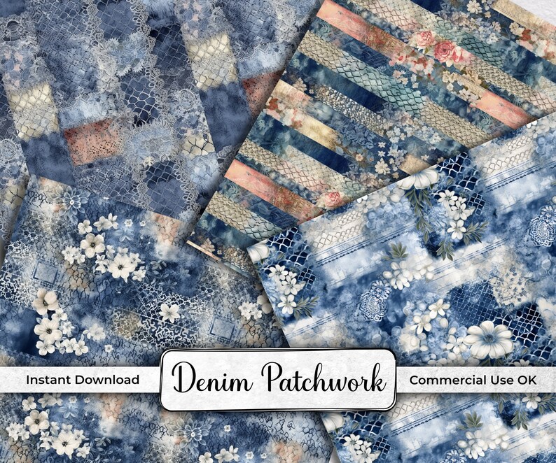 Denim Patchwork Digital Paper Pack, Collage Paper, Commercial Use, Seamless Pattern, Junk ...